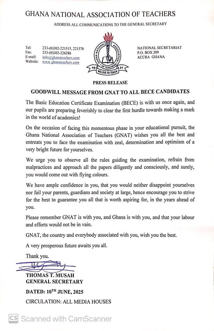 GNAT Wishes BECE Candidates Good Luck